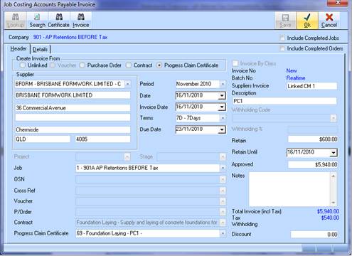 Accounts Payable – Linked to Progress Claim Certificates